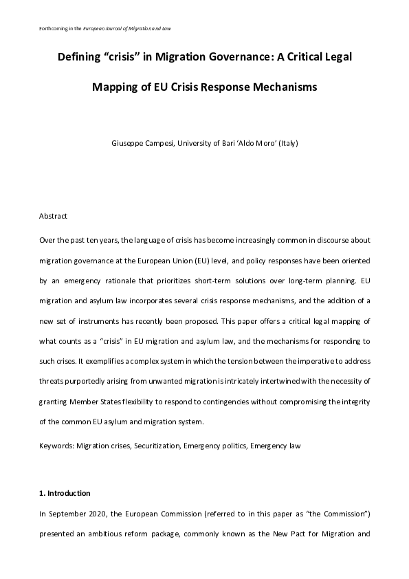 (PDF) Defining "crisis" in Migration Governance: A Critical Legal ...