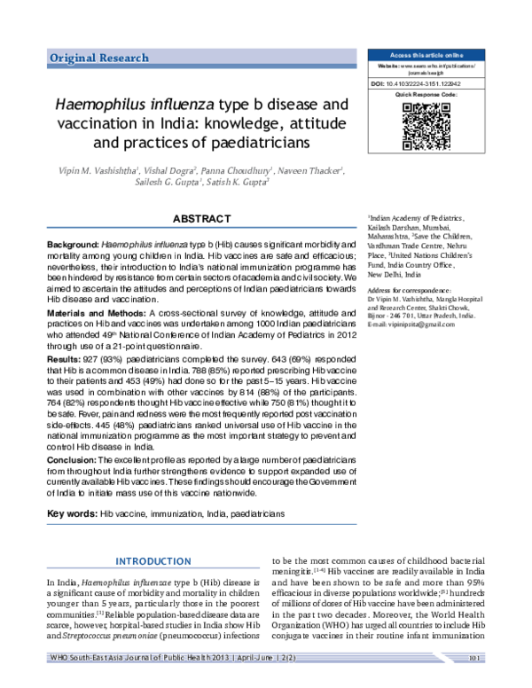 (PDF) Haemophilus influenza type b disease and vaccination in India ...
