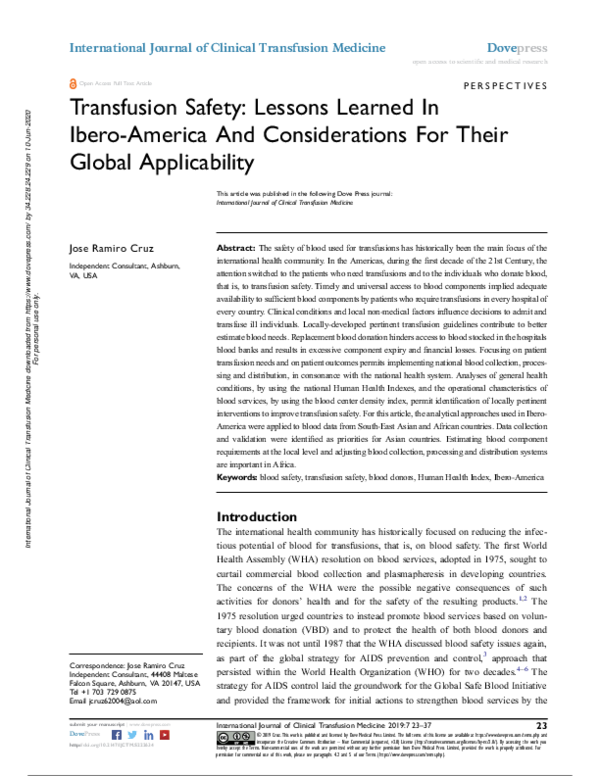 (PDF) Transfusion Safety: Lessons Learned In Ibero-America And ...