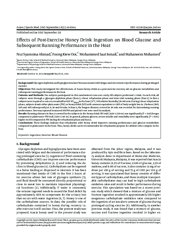 (PDF) Effects of Post-Exercise Honey Drink Ingestion on Blood Glucose ...