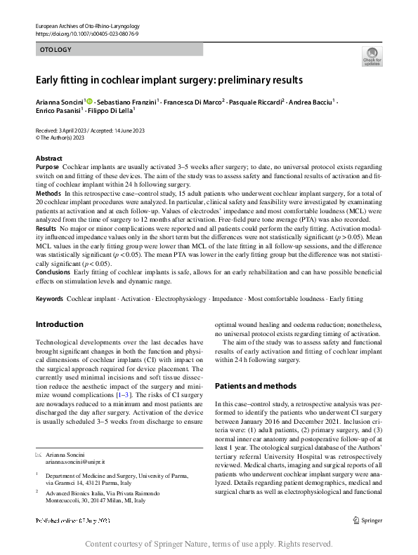 (PDF) Early fitting in cochlear implant surgery: preliminary results
