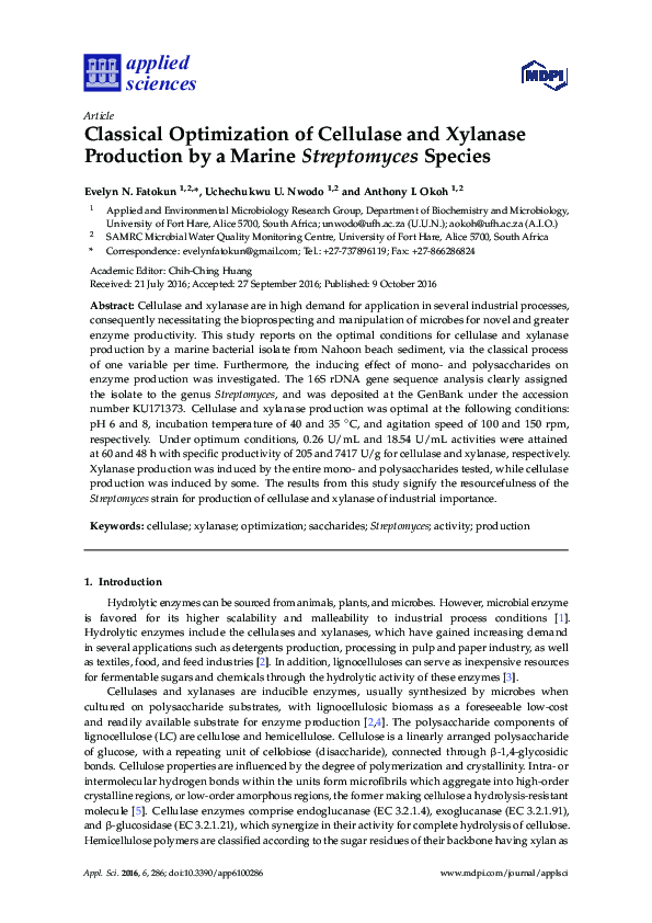 (PDF) Classical Optimization of Cellulase and Xylanase Production by a Marine Streptomyces Species