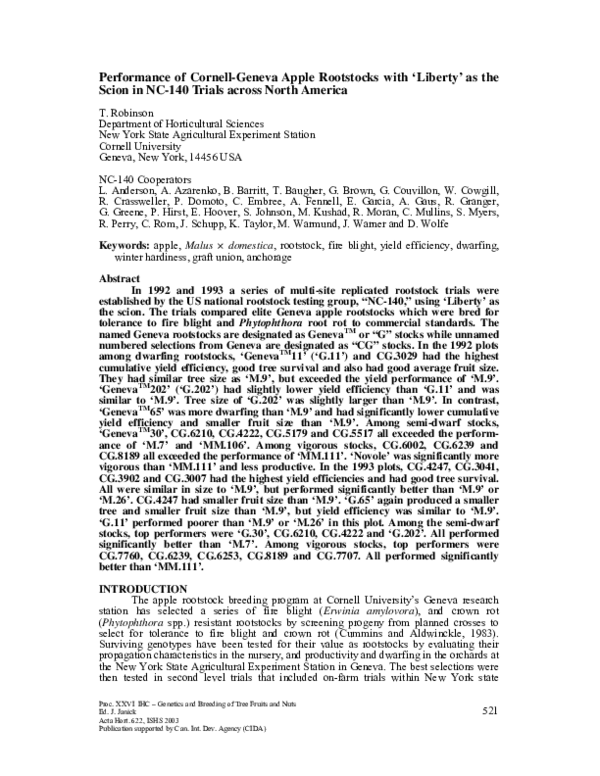 (PDF) Performance of Cornell-Geneva Apple Rootstocks with 'Liberty' as ...