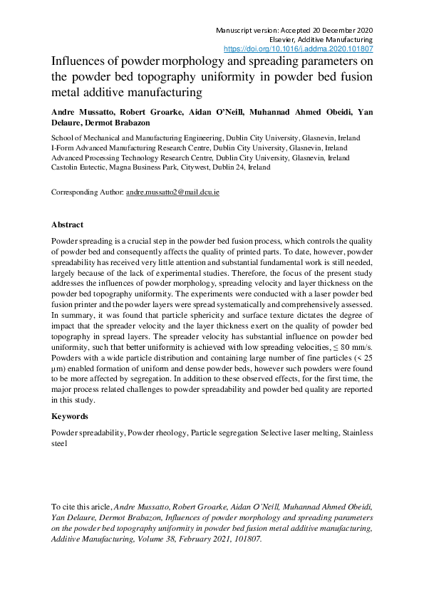 (PDF) Influences of powder morphology and spreading parameters on the ...