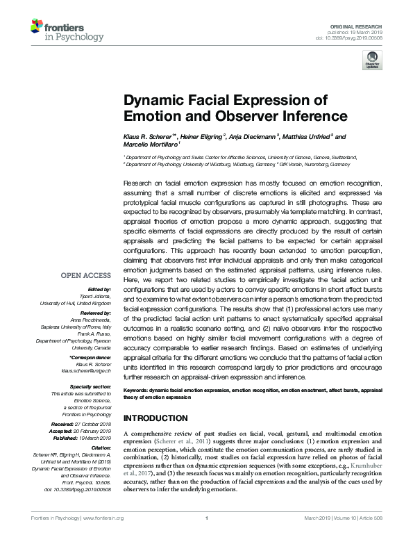 (PDF) Dynamic Facial Expression of Emotion and Observer Inference | Marcello Mortillaro ...