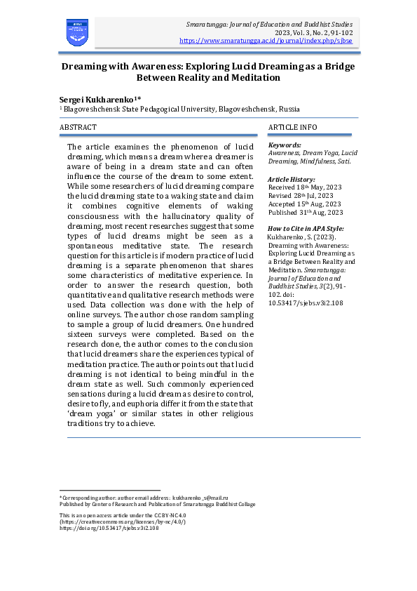 (PDF) Dreaming with Awareness: Exploring Lucid Dreaming as a Bridge Between Reality and Meditation