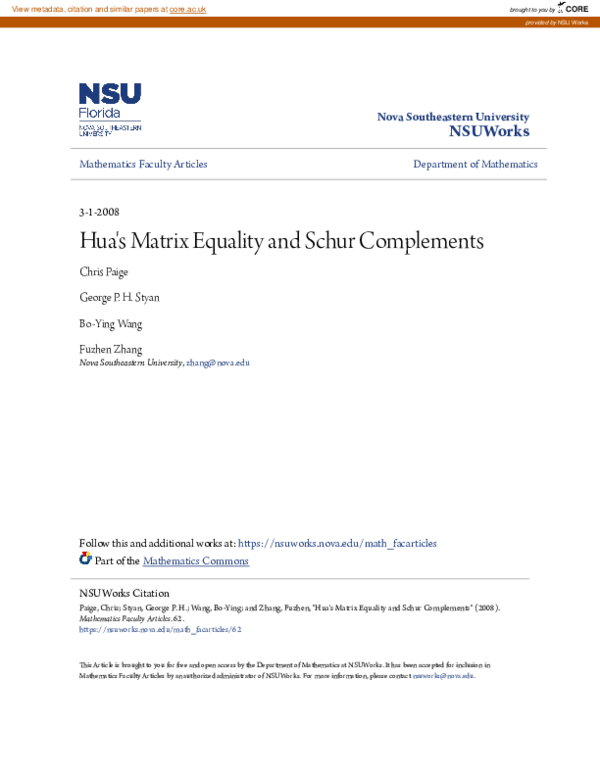 (PDF) Hua\u27s Matrix Equality and Schur Complements