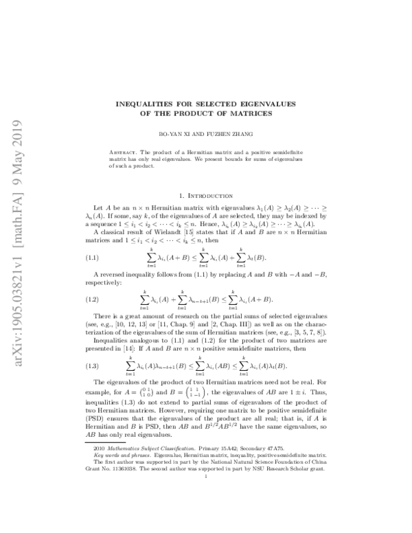 (PDF) Inequalities for selected eigenvalues of the product of matrices | Fuzhen Zhang - Academia.edu