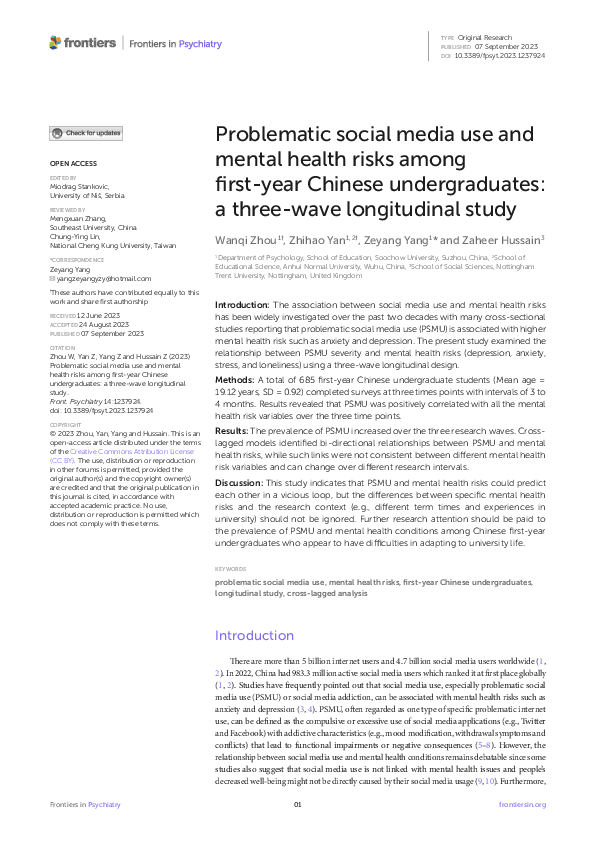 (PDF) Problematic social media use and mental health risks among first ...