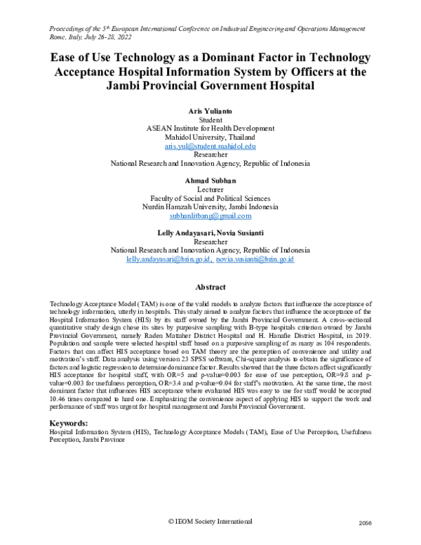 (PDF) Ease of Use Technology as a Dominant Factor in Technology ...