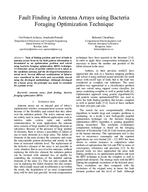 (PDF) Fault finding in antenna arrays using bacteria foraging optimization technique | Om ...