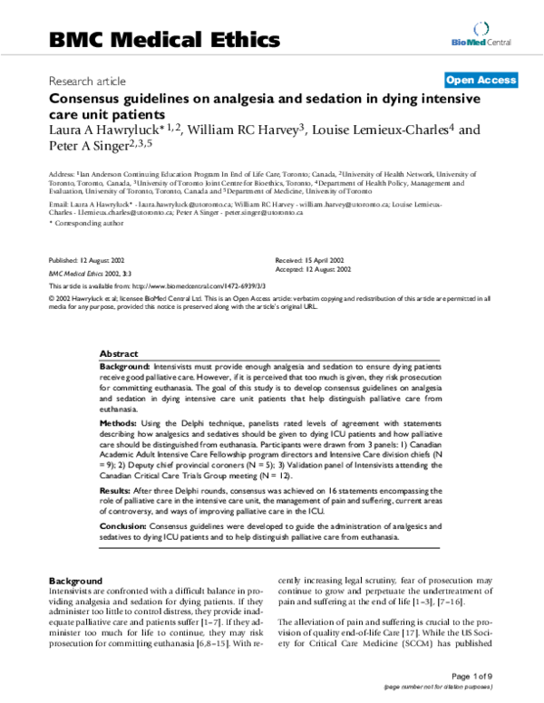 (PDF) Consensus Guidelines on the Use of Analgesia and Sedation in ...