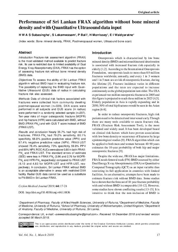 (PDF) Performance of Sri Lankan FRAX algorithm without bone mineral ...