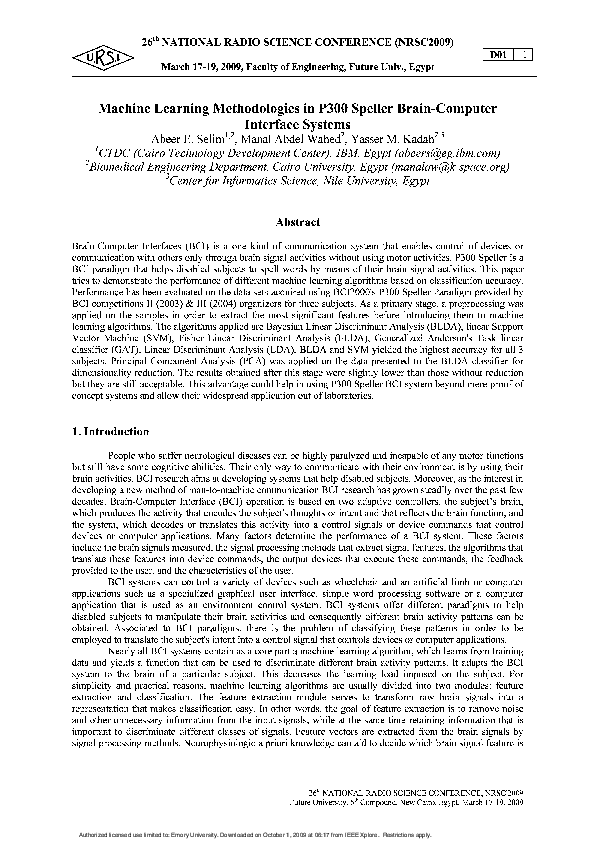 (PDF) Machine learning methodologies in P300 speller Brain-Computer ...