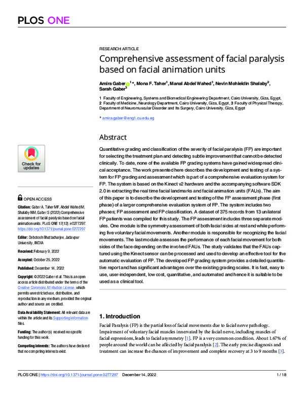 (PDF) Comprehensive assessment of facial paralysis based on facial animation units