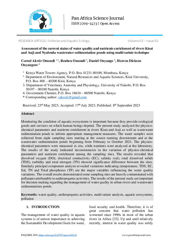 Pdf Assessment Of The Current Status Of Water Quality And Nutrients Enrichment Of Rivers Kisat