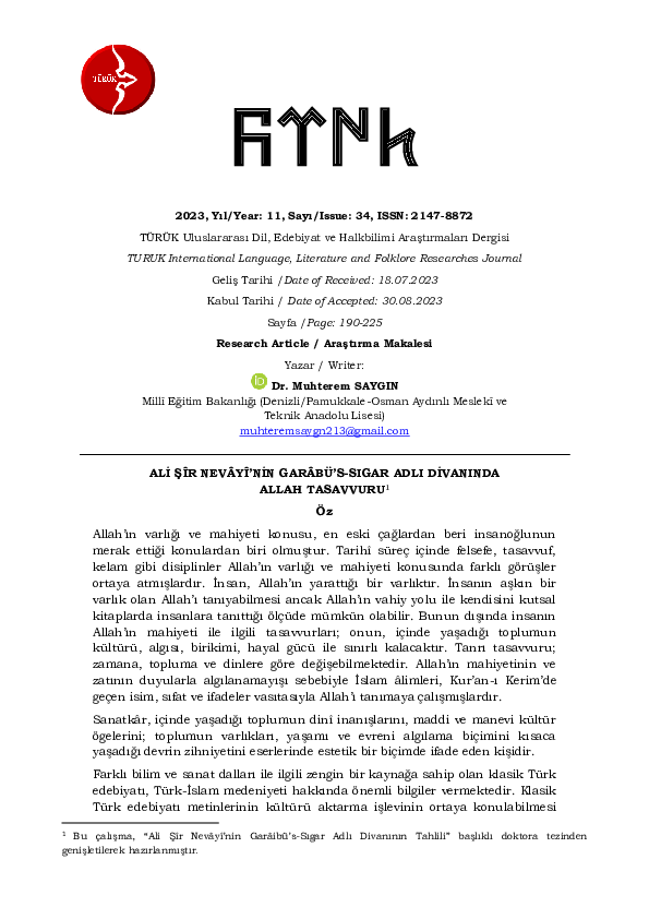 (PDF) Ali Şîr Nevâyî'nin Garâibü's Sıgar Adlı Divanında Allah Tasavvuru ...