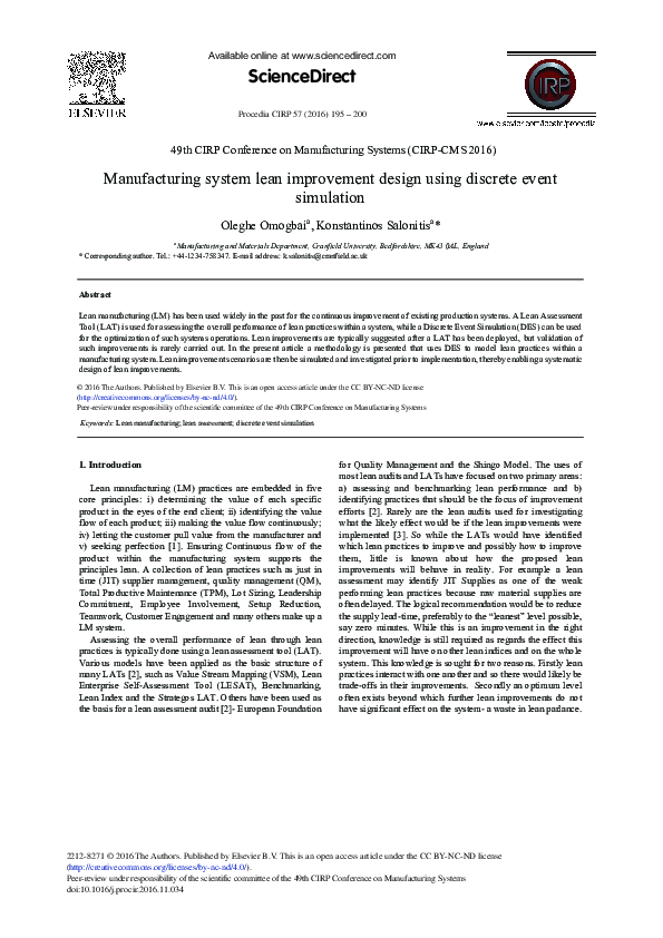 Pdf Manufacturing System Lean Improvement Design Using Discrete Event Simulation