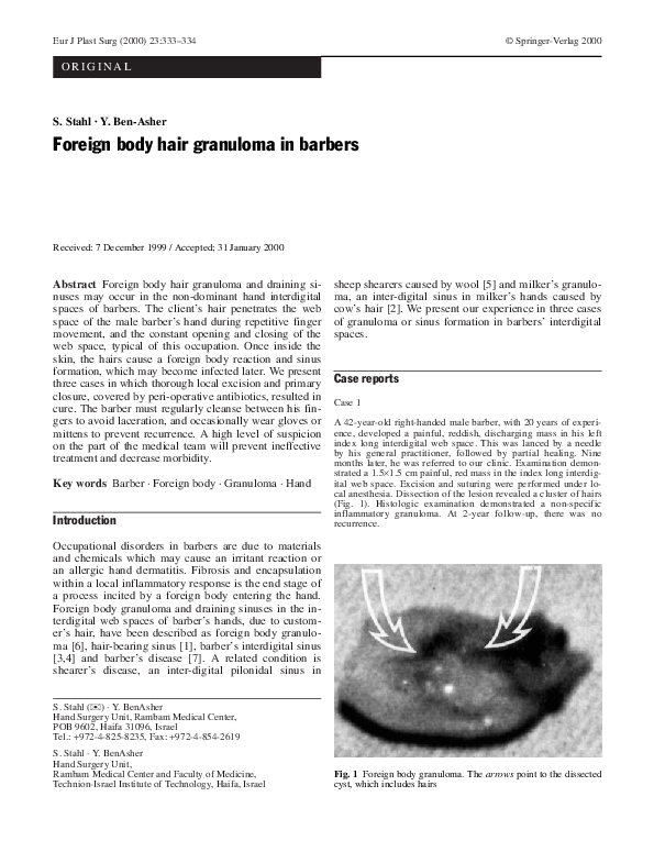 (PDF) Foreign body hair granuloma in barbers