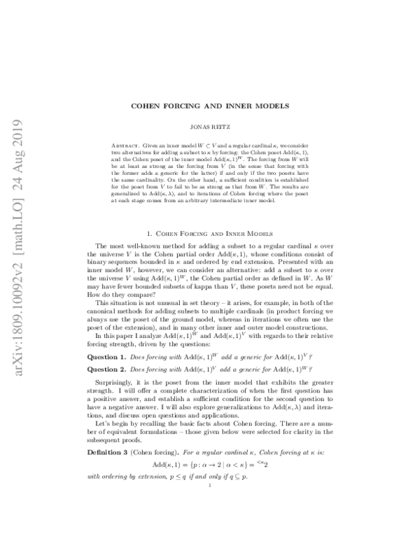 (PDF) Cohen Forcing and Inner Models