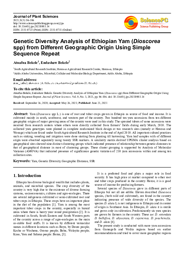 (PDF) Genetic Diversity Analysis of Ethiopian Yam ( Dioscorea spp) from Different Geographic ...