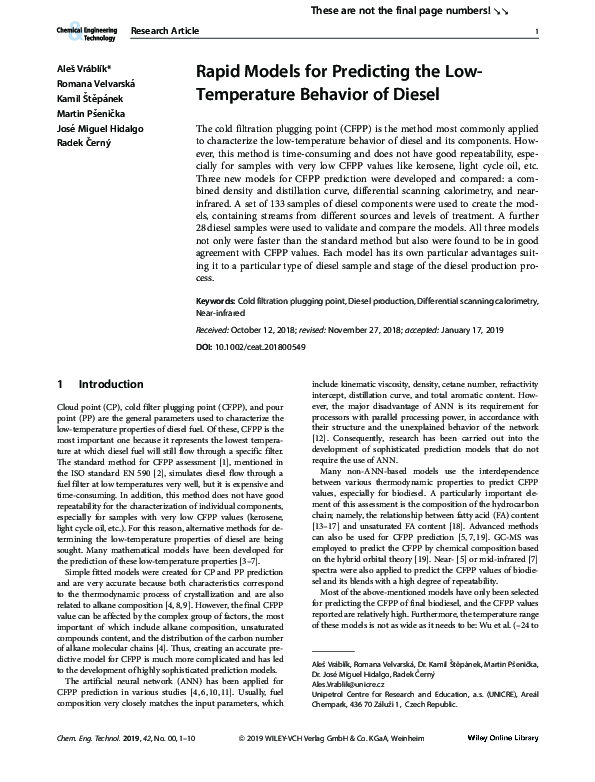 (PDF) Rapid Models for Predicting the Low‐Temperature Behavior of Diesel