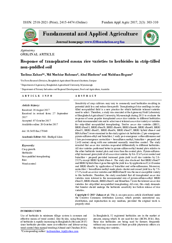 (PDF) Response of Transplanted Aman Rice Varieties to Herbicides in ...