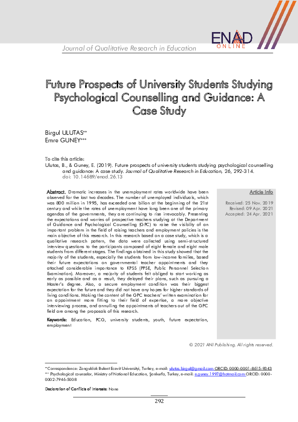 (PDF) Future Prospects of University Students Studying Psychological Counselling and Guidance: A ...
