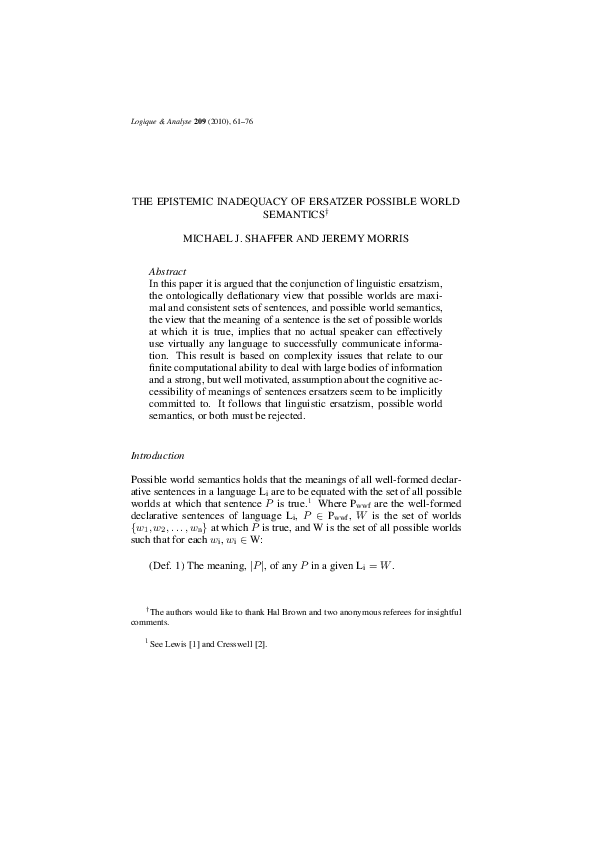 (PDF) The Epistemic Inadequacy of Ersatzer Possible World Semantics