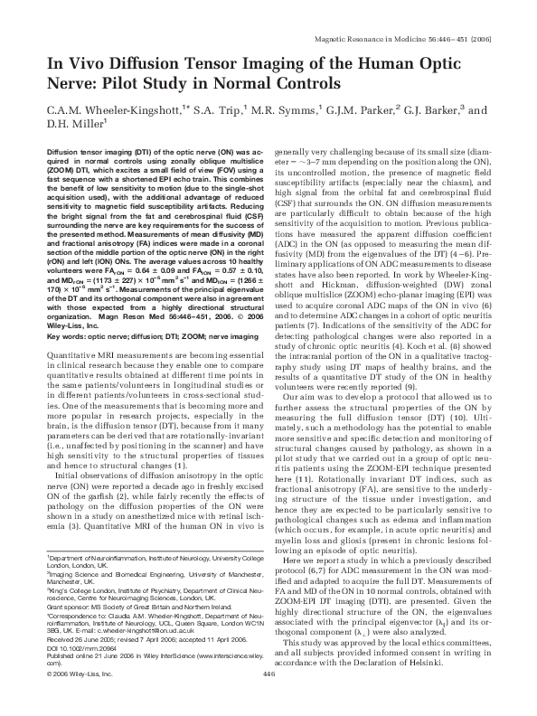 (PDF) In vivo diffusion tensor imaging of the human optic nerve: Pilot study in normal controls ...