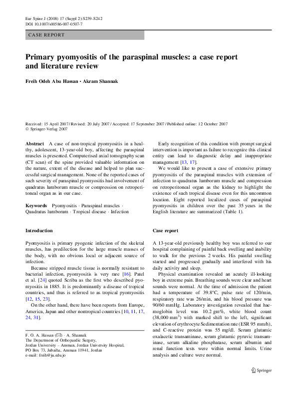 (PDF) Primary pyomyositis of the paraspinal muscles: a case report and ...