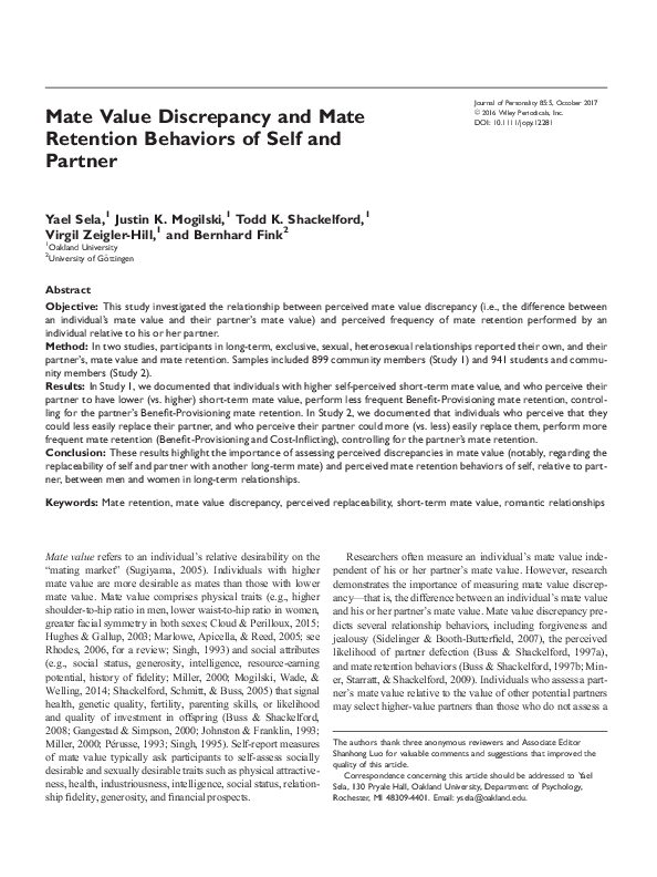 (PDF) Mate Value Discrepancy and Mate Retention Behaviors of Self and ...