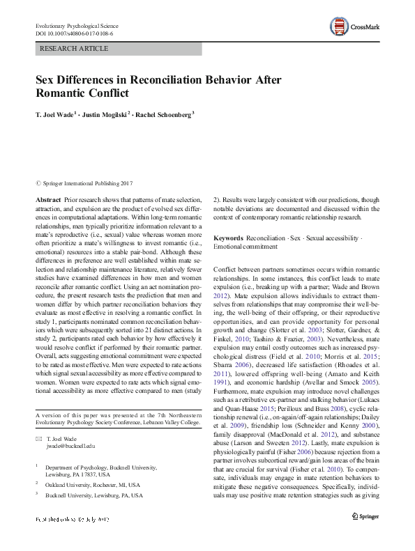 Pdf Sex Differences In Reconciliation Behavior After Romantic Conflict