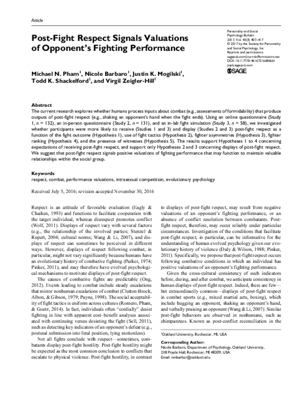 (PDF) Post-Fight Respect Signals Valuations of Opponent’s Fighting ...