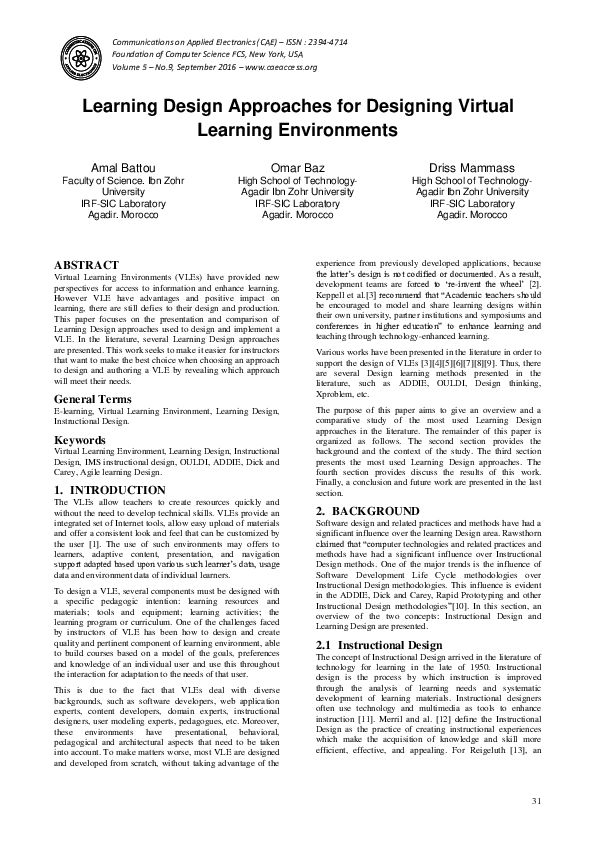 Pdf Learning Design Approaches For Designing Virtual Learning Environments Amal Battou 