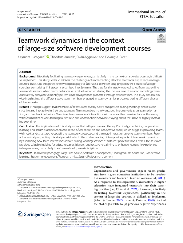 (PDF) Teamwork dynamics in the context of large-size software development courses | Sakhi ...