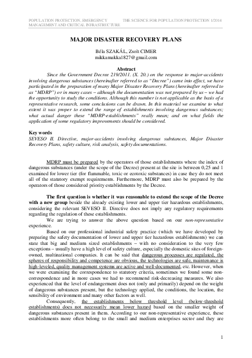 (PDF) Major Disaster Recovery Plans