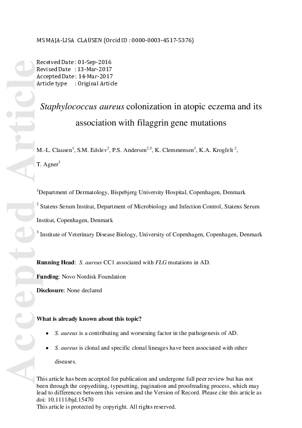 Pdf Staphylococcus Aureus Colonization In Atopic Dermatitis Patients Fouz Hassan