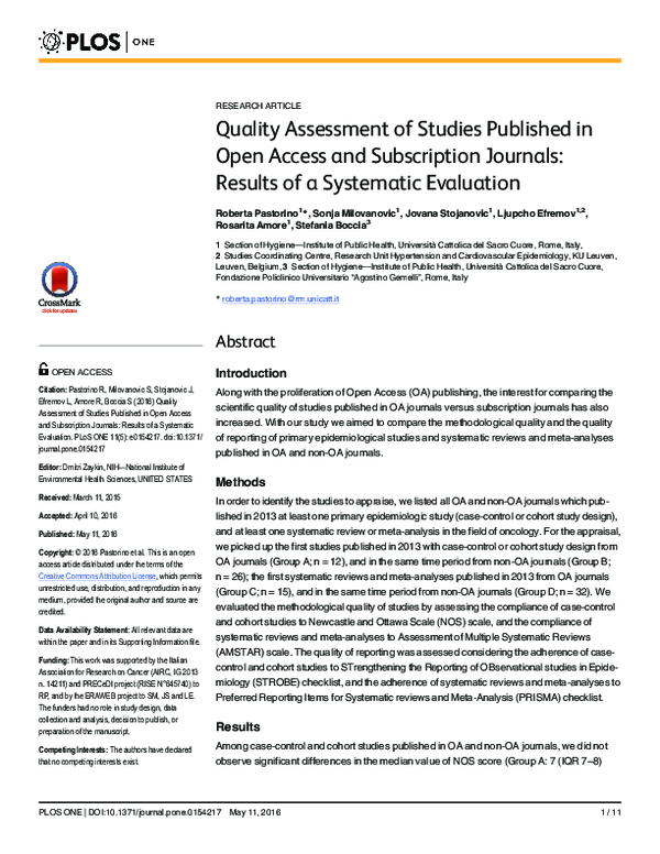 (PDF) Quality Assessment of Studies Published in Open Access and Subscription Journals: Results ...
