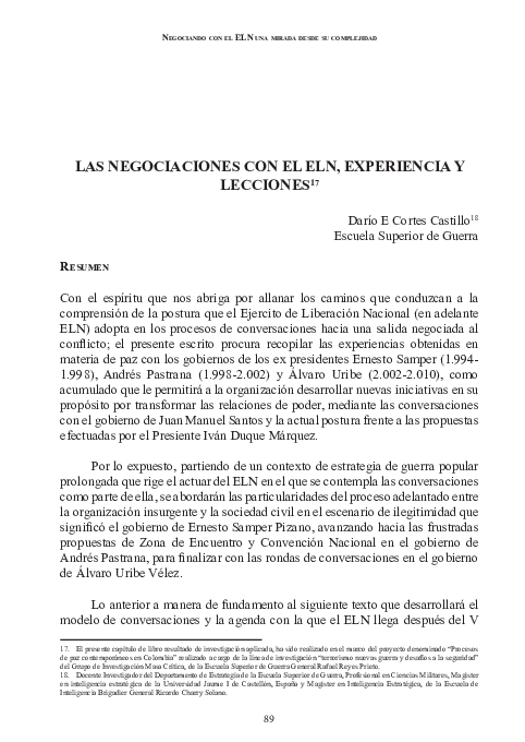 (PDF) Las negociaciones con el ELN, experiencia y lecciones