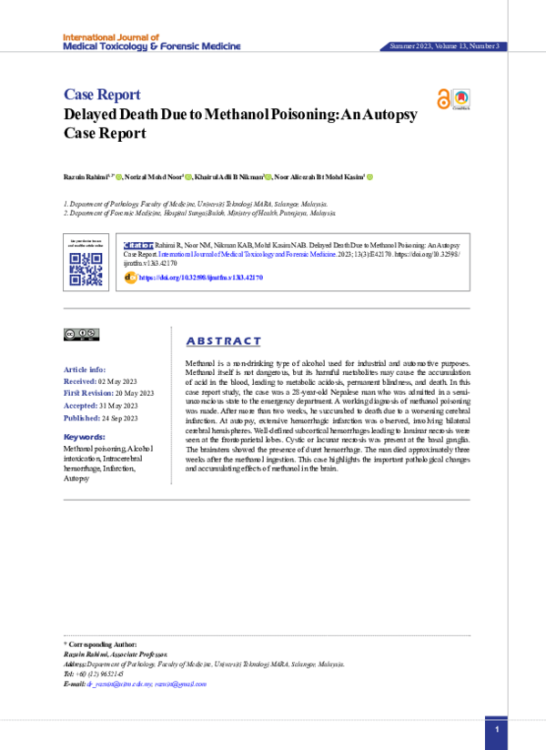 (PDF) Delayed Death Due to Methanol Poisoning: An Autopsy Case Report