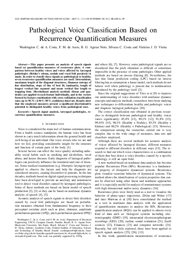 (PDF) Pathological Voice Classification Based on Recurrence Quantification Measures