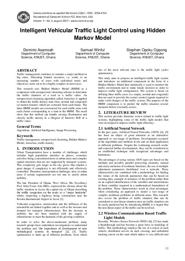 Pdf Intelligent Vehicular Traffic Light Control Using Hidden Markov Model