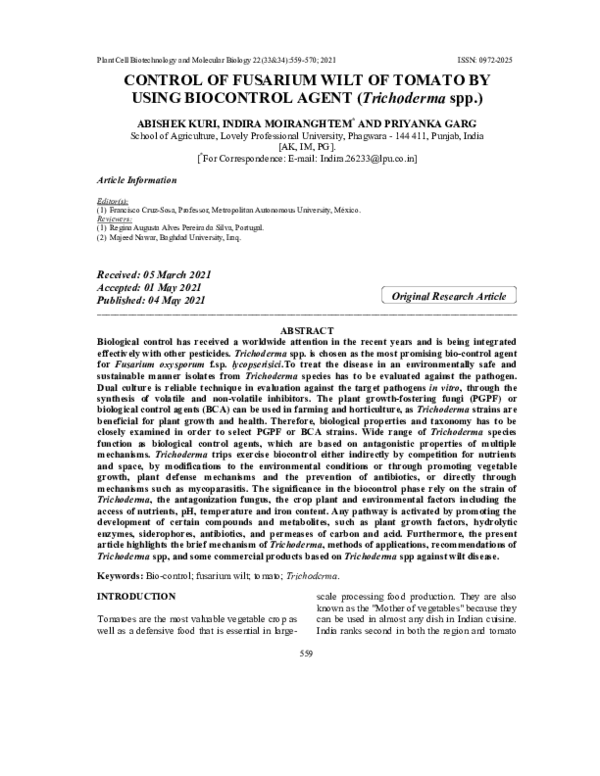 (PDF) CONTROL OF FUSARIUM WILT OF TOMATO BY USING BIOCONTROL AGENT (Trichoderma spp ...