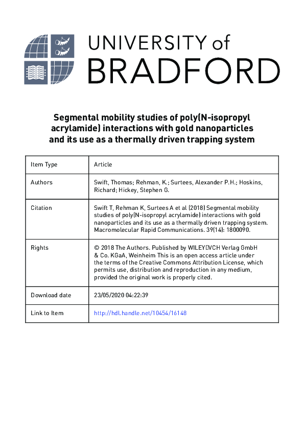 (PDF) Segmental Mobility Studies of Poly(N-isopropyl acrylamide) Interactions with Gold ...
