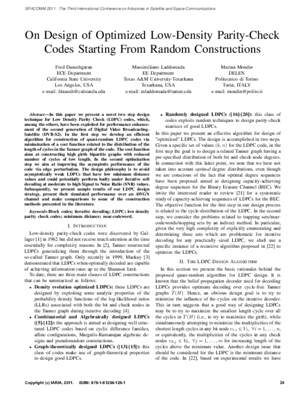 (PDF) On Design of Optimized Low-Density Parity-Check Codes Starting From Random Constructions