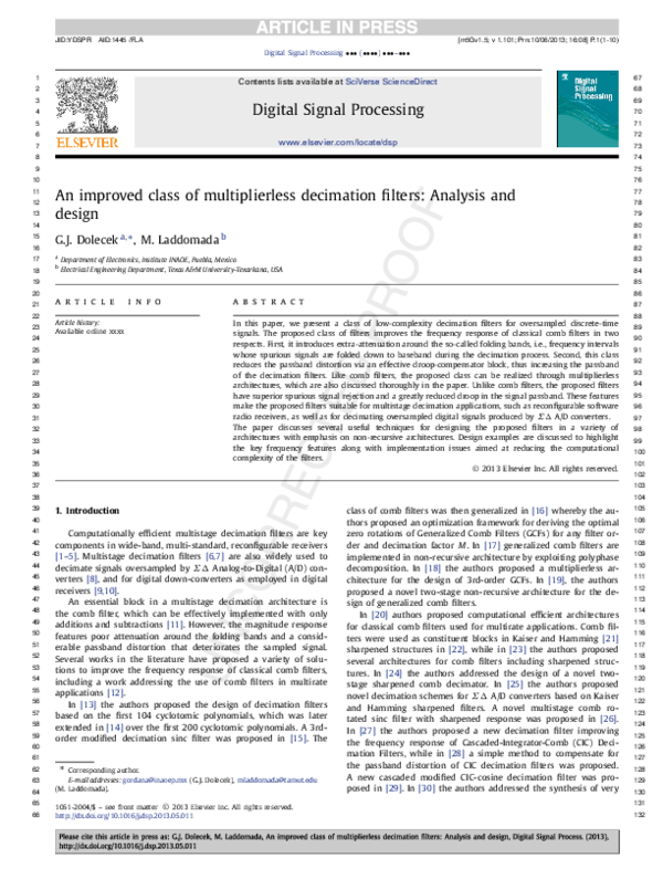(PDF) An improved class of multiplierless decimation filters: Analysis and design