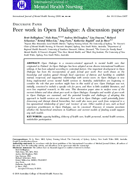 (PDF) Peer work in Open Dialogue: A discussion paper | Jo River ...