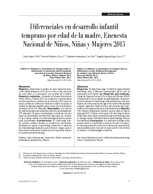 (PDF) Diferenciales en desarrollo infantil temprano por edad de la madre, Encuesta Nacional de ...