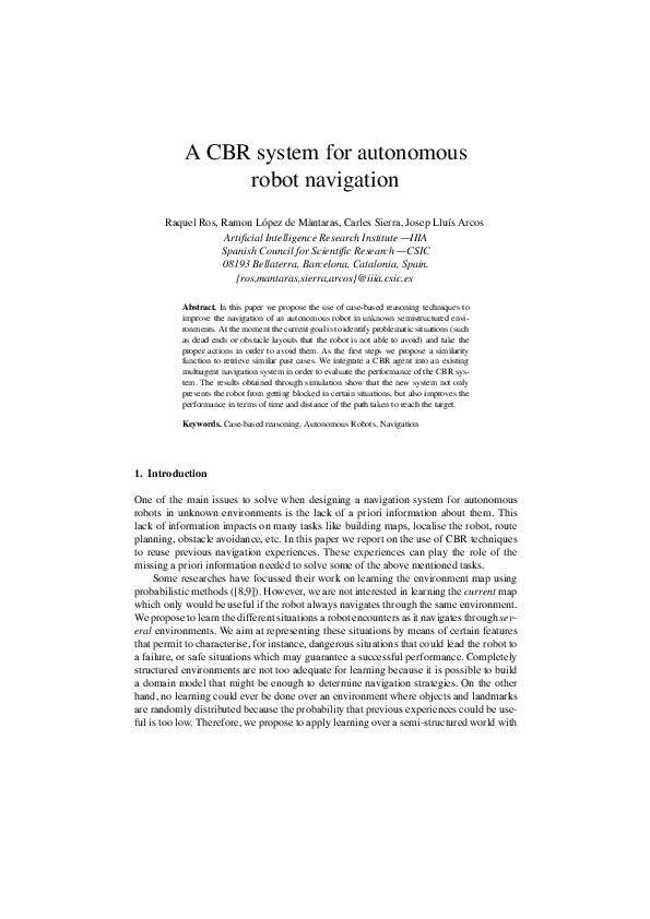 (PDF) A CBR System for Autonomous Robot Navigation